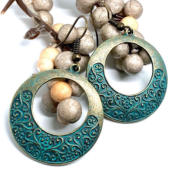 Jewelry | Boho Bohemian Verdigris Swirl Textured Bronze Drop Hoops Hoop ...